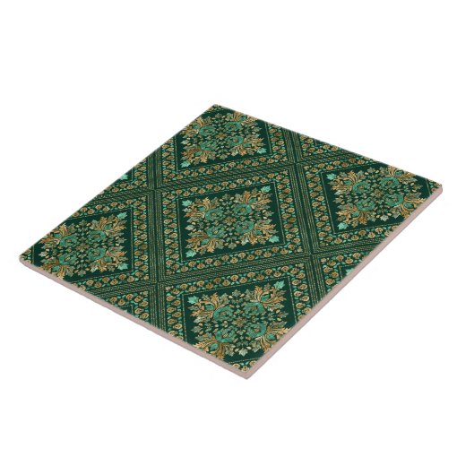 Vintage Damask Pattern - Emerald green and gold Ceramic Tile | Zazzle
