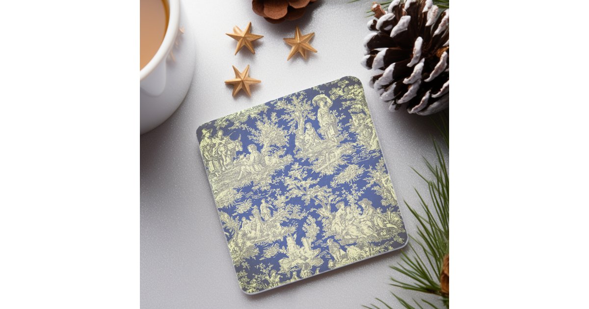 Vintage dark blue toile de jouy pattern stone coaster | Zazzle