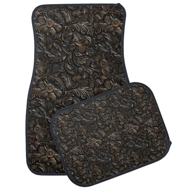 Vintage dark brown tooled leather car floor mat | Zazzle