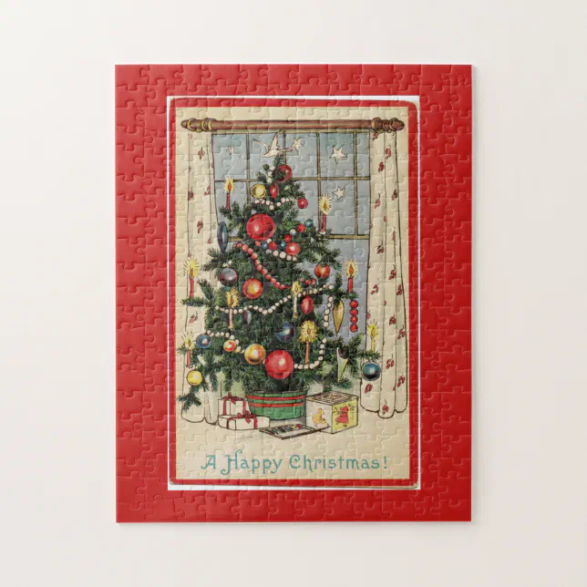 Vintage Decorated Christmas Tree Red Jigsaw Puzzle | Zazzle