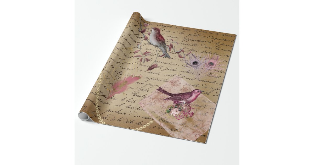 Vintage Decoupage Bird Feather Ephemera Wrapping Paper | Zazzle