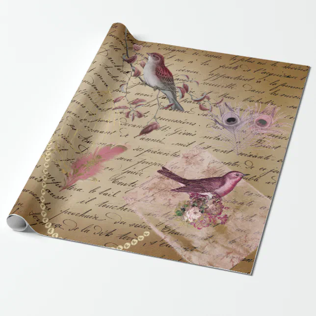Vintage Decoupage Bird Feather Ephemera Wrapping Paper | Zazzle