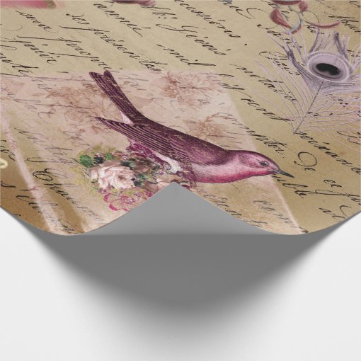 Vintage Decoupage Bird Feather Ephemera Wrapping Paper | Zazzle