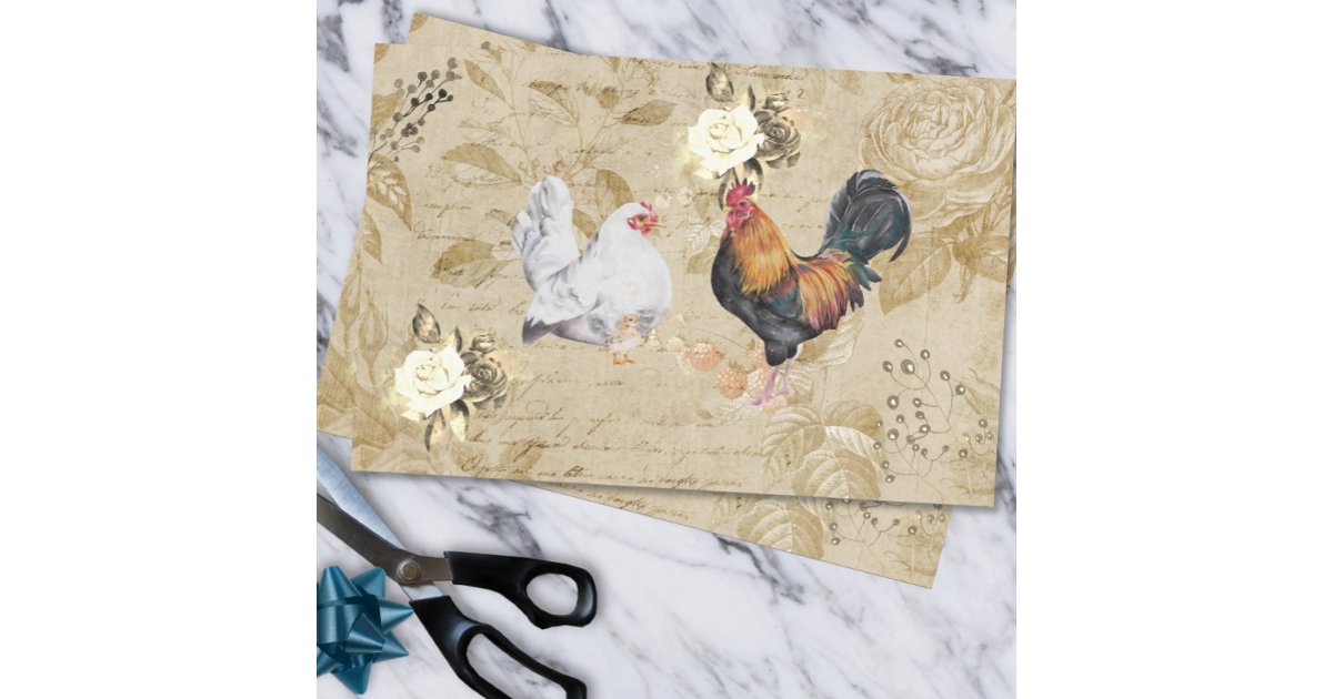 Vintage Decoupage Rooster Chicken Hen Floral Tissue Paper | Zazzle
