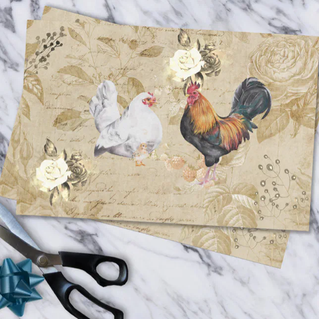 Vintage Decoupage Rooster Chicken Hen Floral Tissue Paper | Zazzle