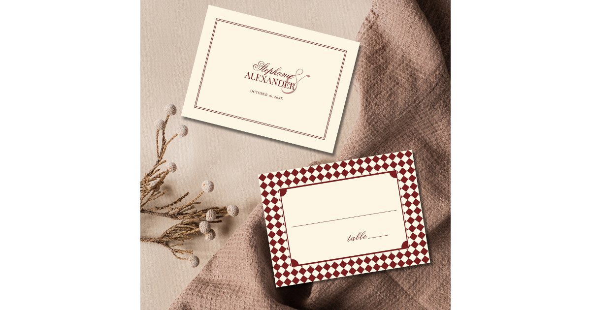 Vintage Deep Red Ivory Checkered Old Money Wedding Place Card | Zazzle