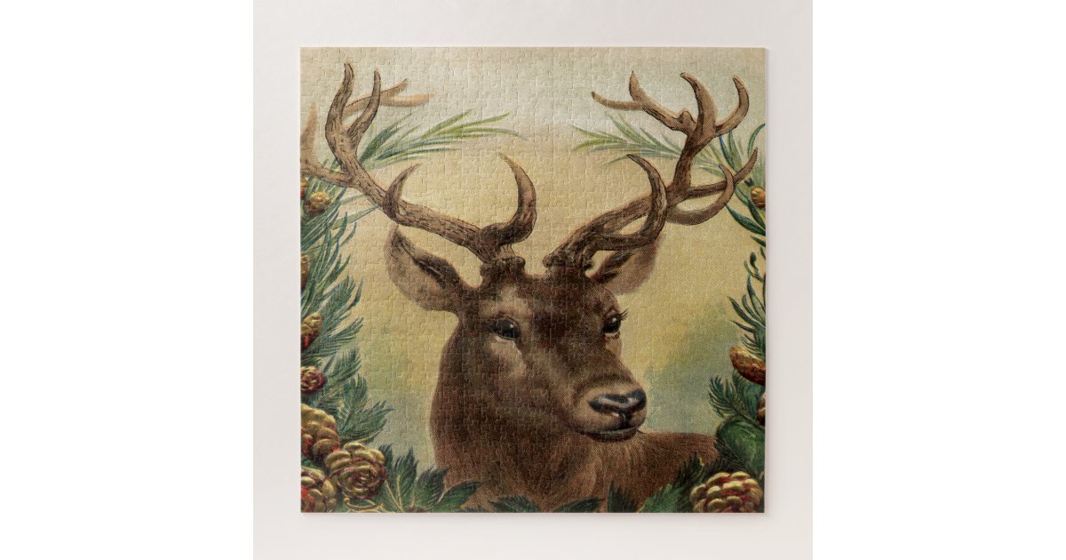 Vintage Deer Buck Stag Nature Rustic Christmas Jigsaw Puzzle | Zazzle