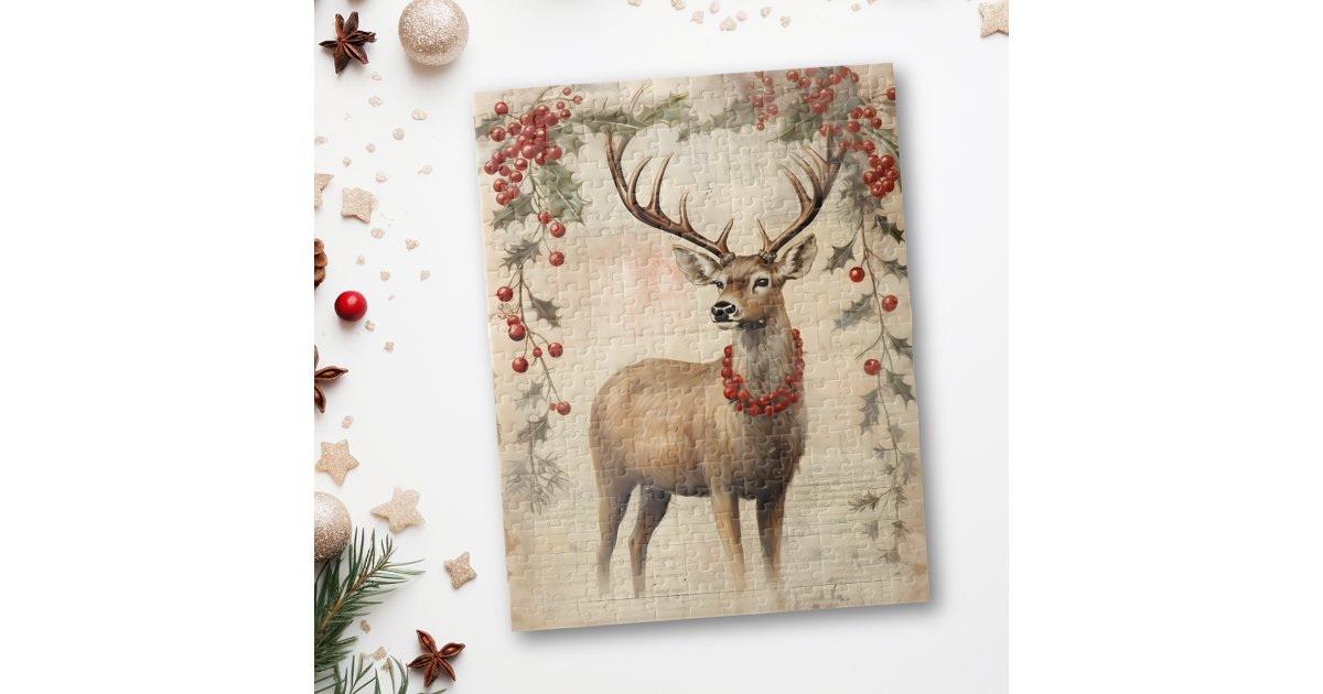 Vintage Deer Christmas Winter Aged Decoupage Jigsaw Puzzle | Zazzle