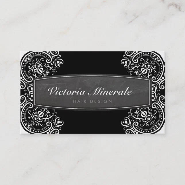 VINTAGE delicate filigree chalkboard black white Business Card | Zazzle