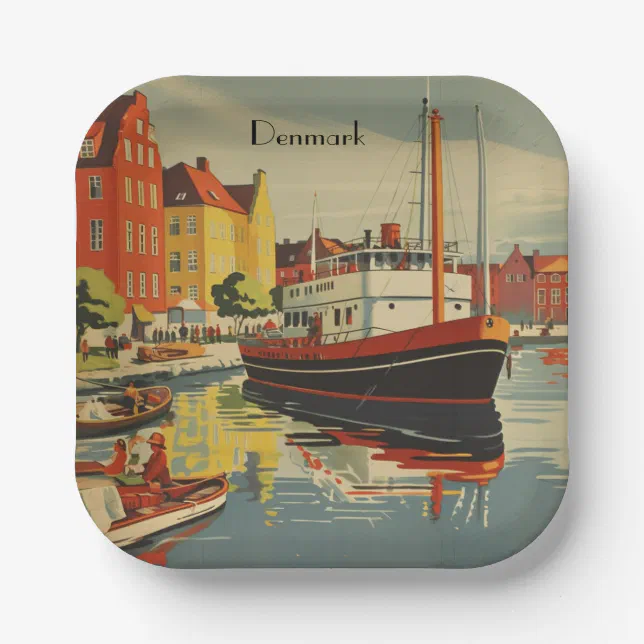 Vintage Denmark Travel Poster Scandinavian Party Paper Plates | Zazzle