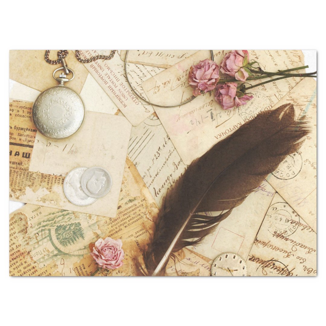 Vintage Desk Top Papers Roses & Feather Tissue Paper | Zazzle