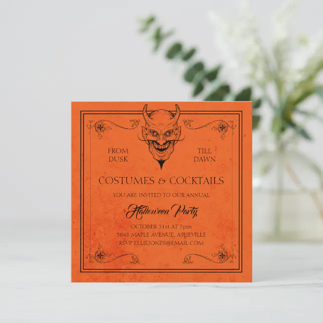 Vintage Devil Costume Cocktails Halloween Party Invitation | Zazzle