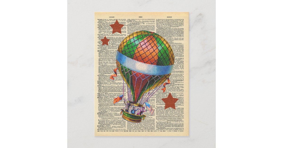 Vintage Dictionary Art Hot Air Balloon Circus Postcard | Zazzle.com