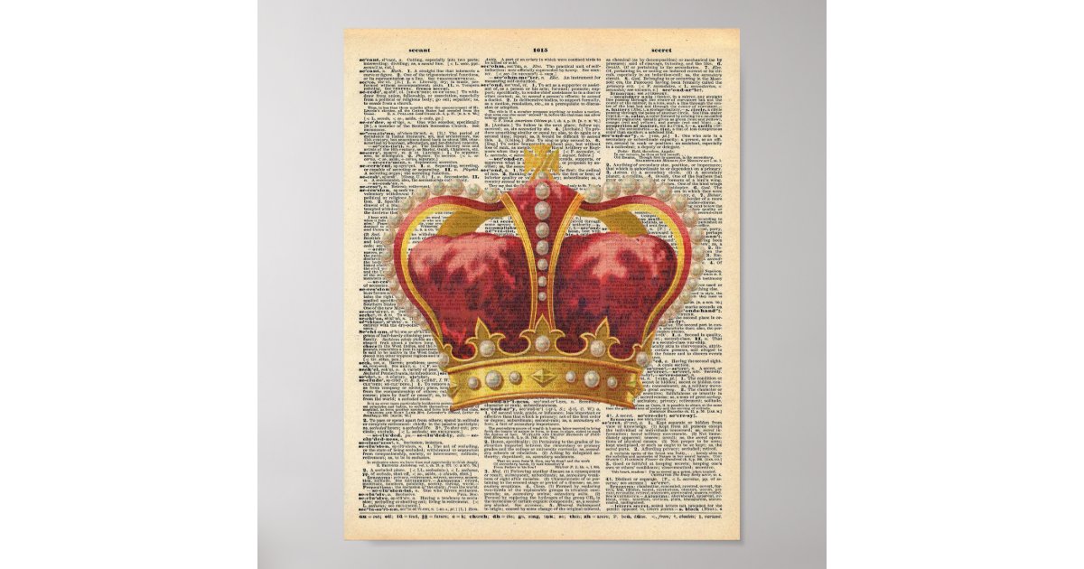 Vintage Dictionary Art Royal Red Gold Crown Poster | Zazzle
