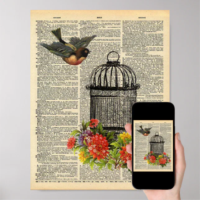 Vintage Dictionary Wall Art Bird and Cage | Zazzle