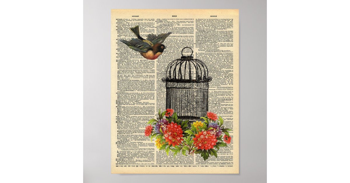 Vintage Dictionary Wall Art Bird and Cage | Zazzle