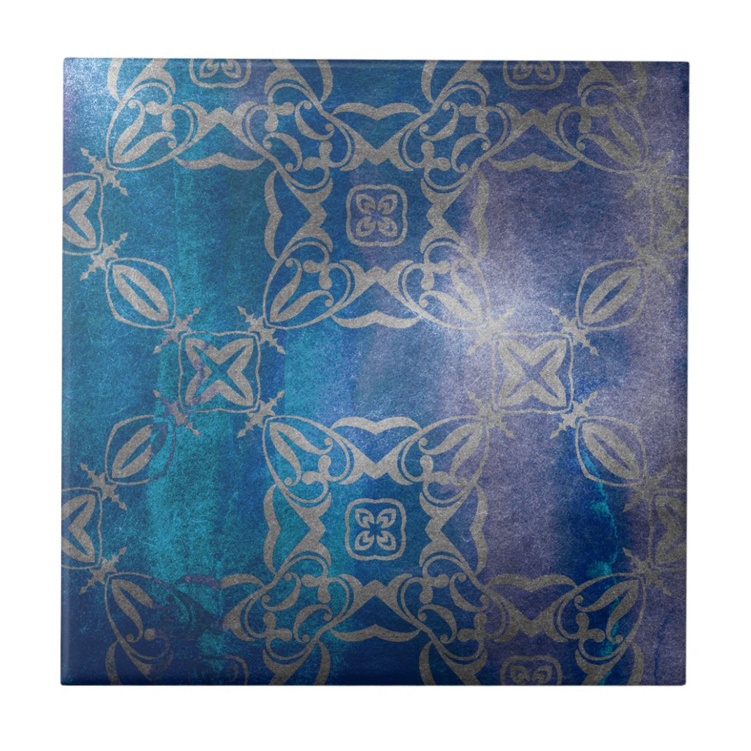 Vintage Distressed Stone-Look Elegant Blue Damask Ceramic Tile | Zazzle