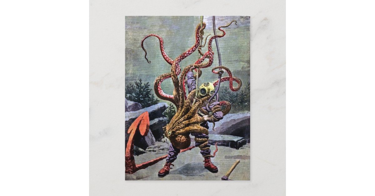 Vintage Diver Octopus Fight Postcard | Zazzle