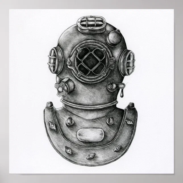Vintage Diving Helmet Illustration Poster | Zazzle