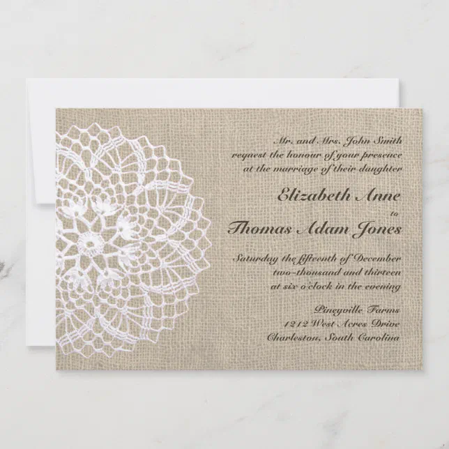 Vintage Doily & Burlap Wedding Invitation | Zazzle