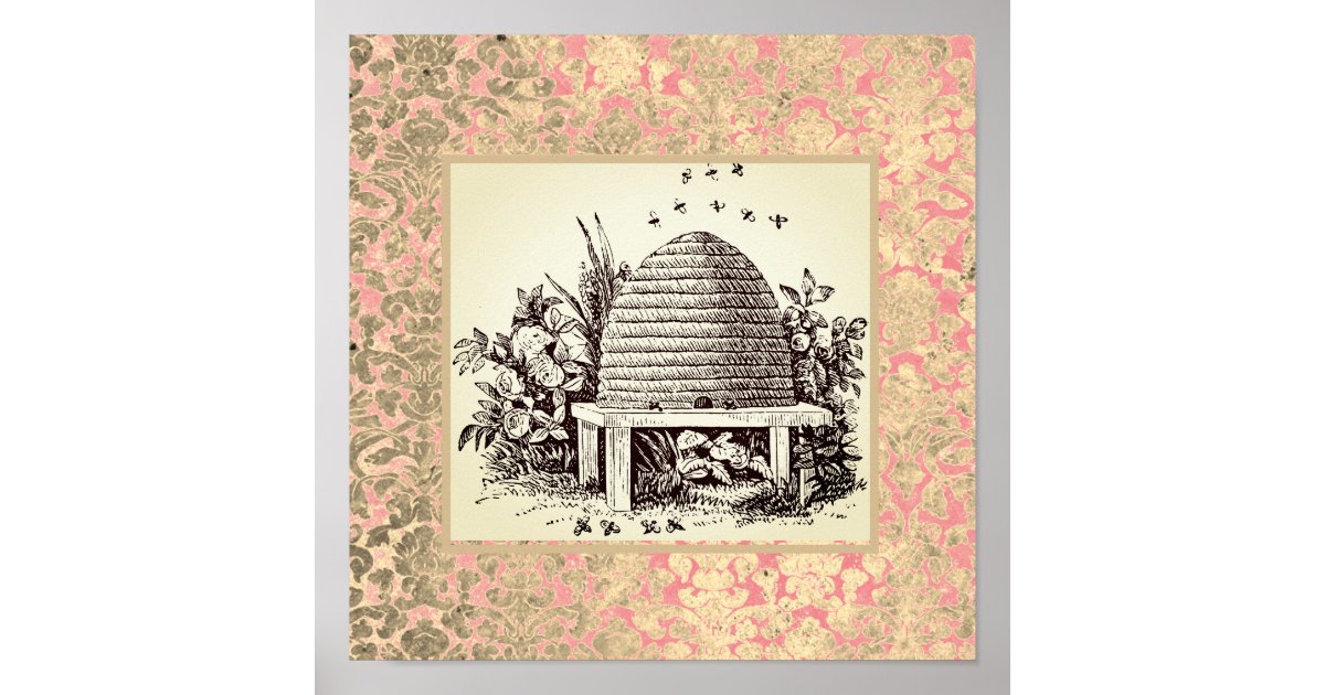Vintage Dome Bee Hive and Damask Poster | Zazzle