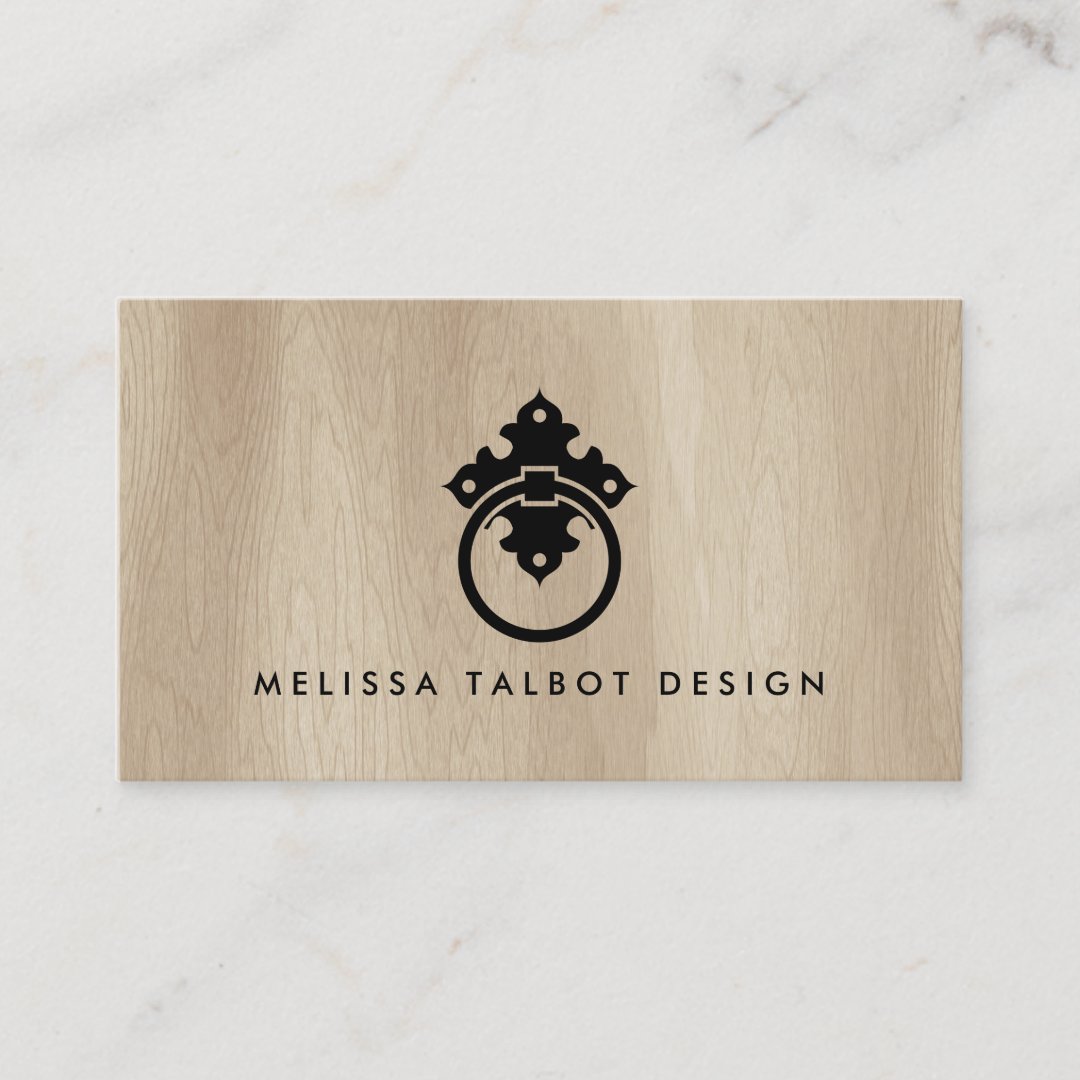 Vintage Door Knocker Logo on Pale Woodgrain Business Card | Zazzle