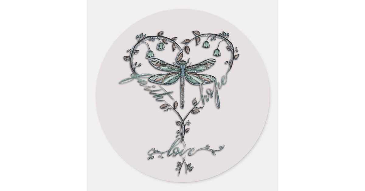 Vintage Dragonfly Heart Faith Hope Love Classic Round Sticker | Zazzle