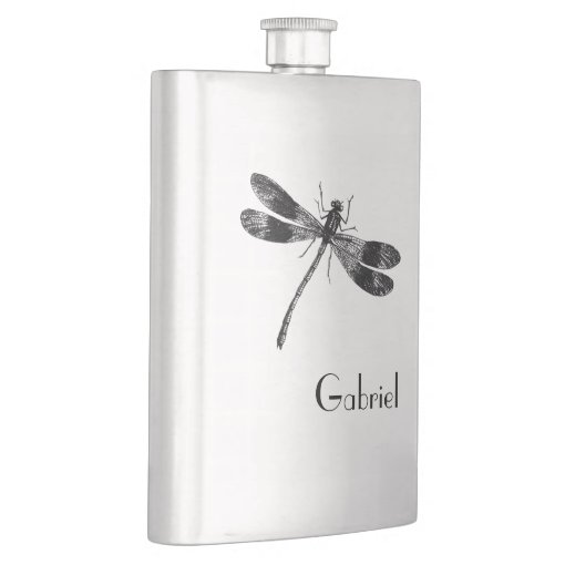 Vintage Dragonfly Illustration with Monogram Hip Flask | Zazzle