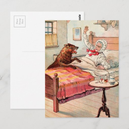 Vintage Drawing: Grandma and the Wolf Postcard | Zazzle