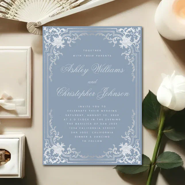 Vintage Dusty Blue Faux Silver Calligraphy Wedding Invitation | Zazzle