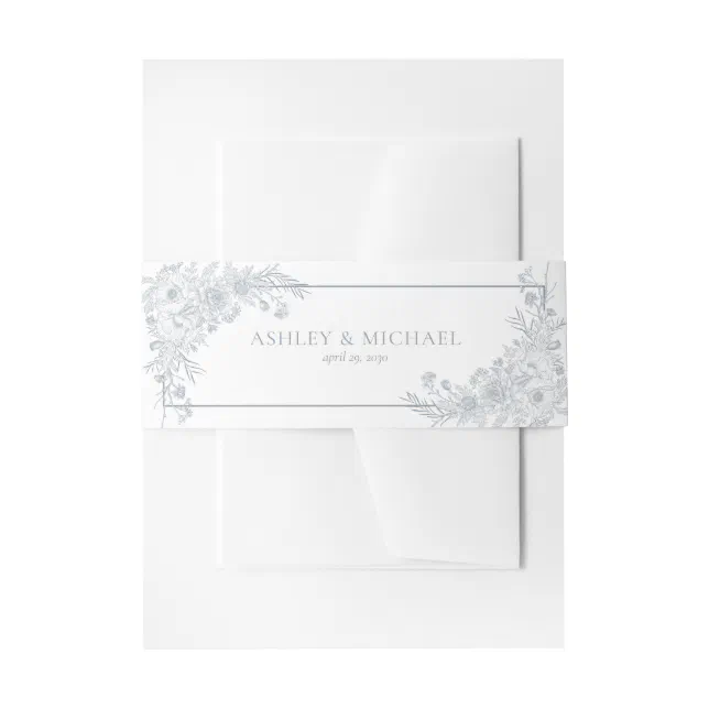 Vintage Dusty Blue Line Art Wedding Invitation Belly Band | Zazzle