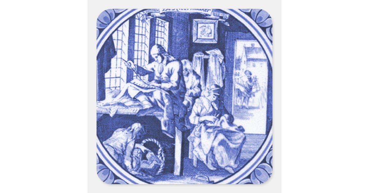 Vintage Dutch Blue Delft tile design Square Sticker | Zazzle