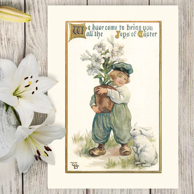 Vintage Dutch Boy with Easter Lilies and Bunny Holiday Card | Zazzle