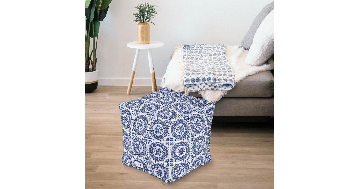 Vintage Dutch Style Blue on White Tiles - add text Pouf | Zazzle