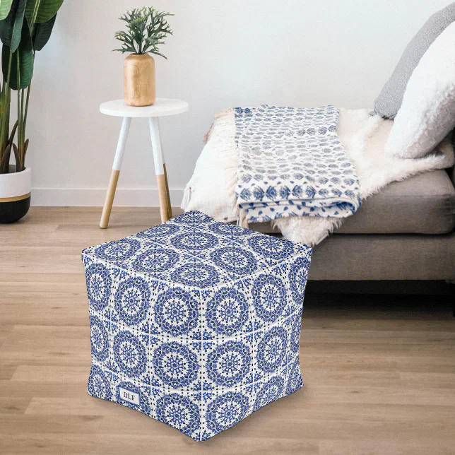 Vintage Dutch Style Blue on White Tiles - add text Pouf | Zazzle
