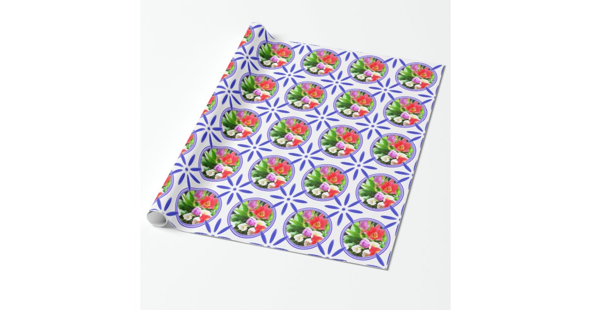 Vintage Dutch Tiles Delftware Tulips Holland Wrapping Paper | Zazzle