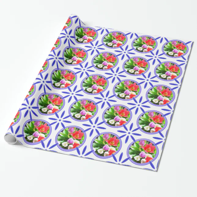 Vintage Dutch Tiles Delftware Tulips Holland Wrapping Paper | Zazzle