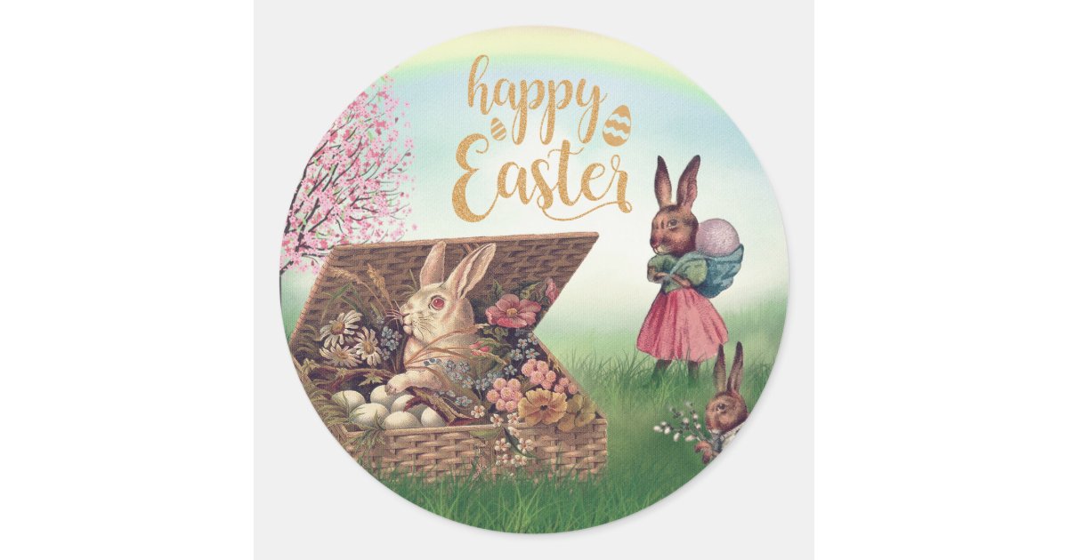 Vintage Easter Bunny Classic Round Sticker | Zazzle