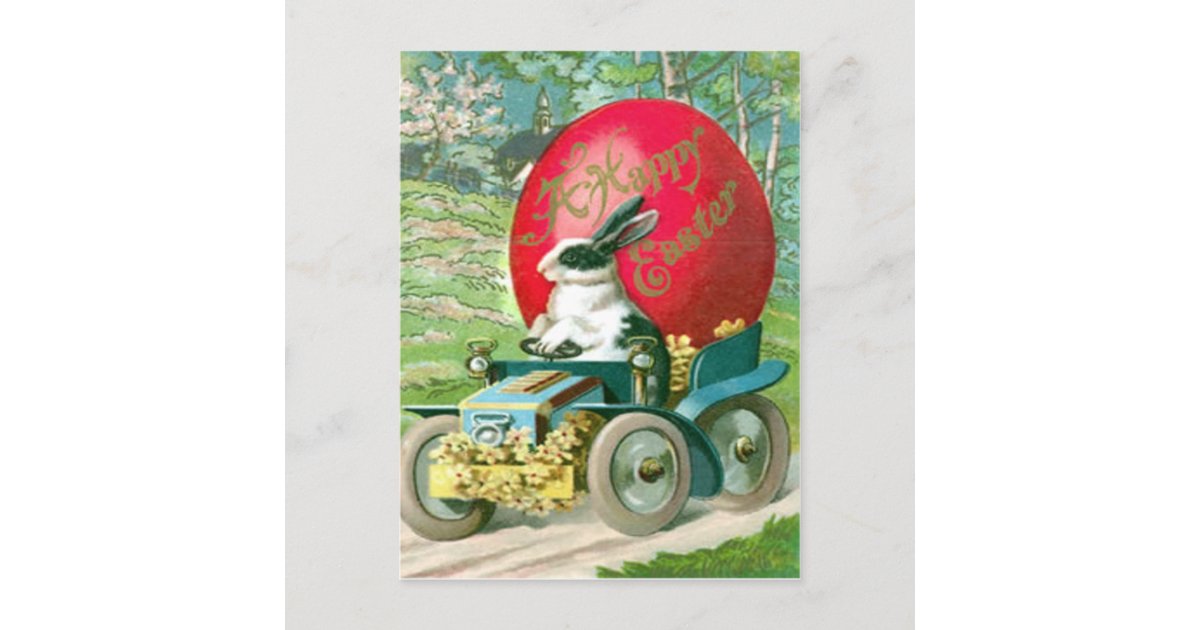 Vintage Easter Bunny Driving Car Easter Egg Card | Zazzle