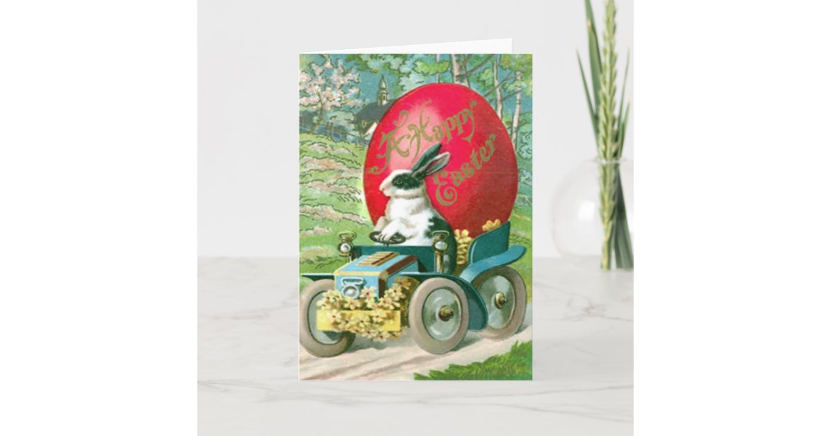 Vintage Easter Bunny Driving Car Easter Egg Card | Zazzle