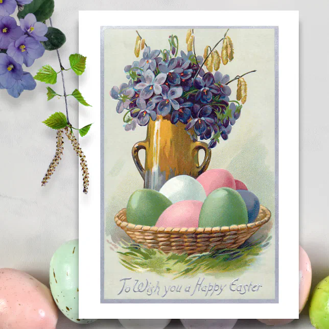 Vintage Easter Eggs with Violets Holiday Card | Zazzle