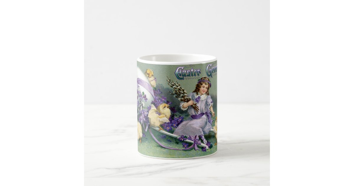 Vintage Easter Greetings Girl Egg Chick Carriage Coffee Mug | Zazzle