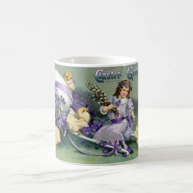 Vintage Easter Greetings Girl Egg Chick Carriage Coffee Mug | Zazzle