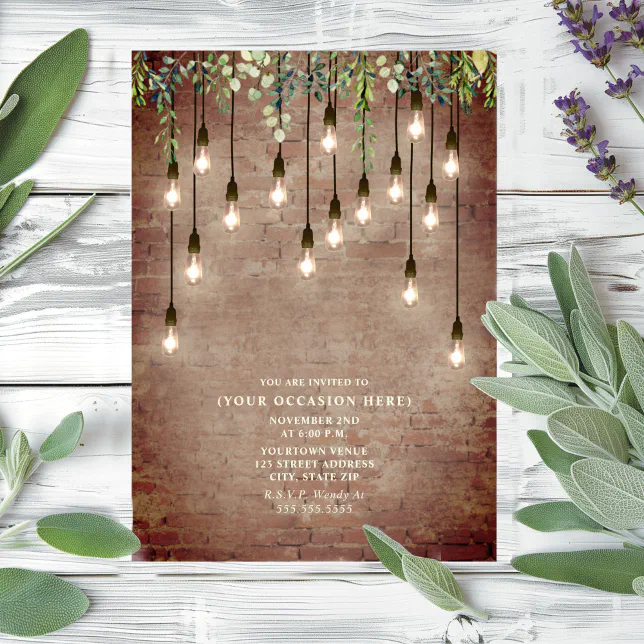 Vintage Edison Lights Brick Botanical Party Invitation | Zazzle