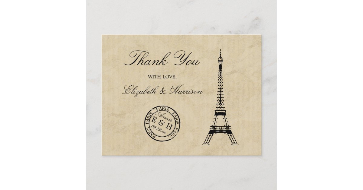 Vintage Eiffel Tower Paris Postmark Thank You Postcard | Zazzle