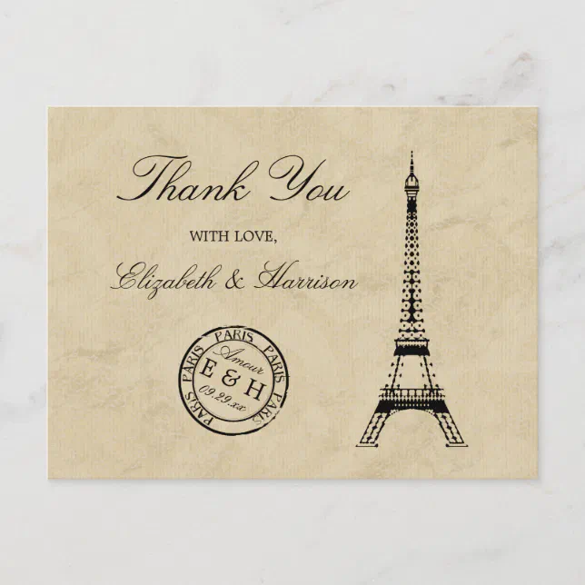 Vintage Eiffel Tower Paris Postmark Thank You Postcard | Zazzle