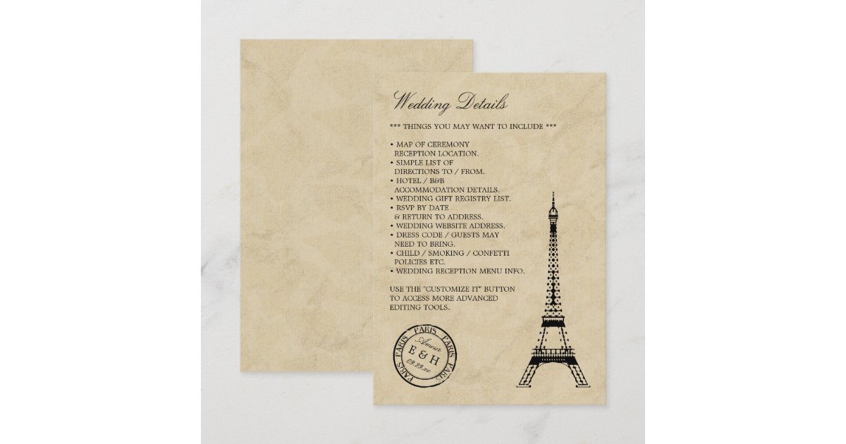 Vintage Eiffel Tower Paris Postmark Wedding Enclosure Card | Zazzle