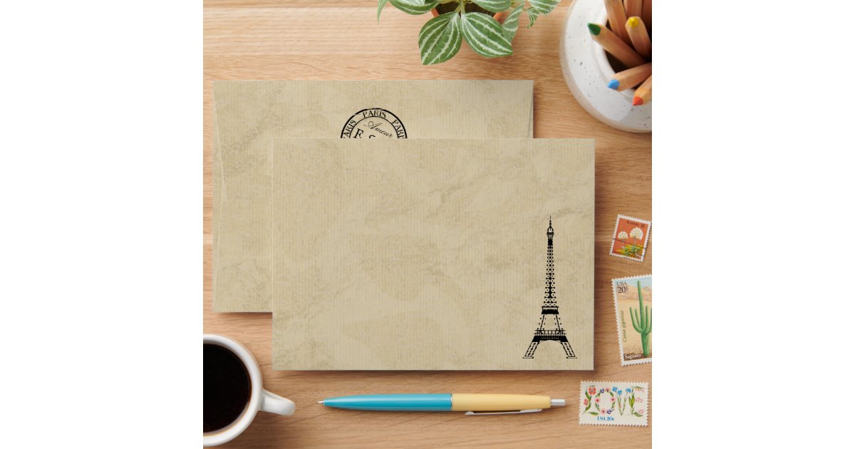 Vintage Eiffel Tower Paris Postmark Wedding Envelope | Zazzle