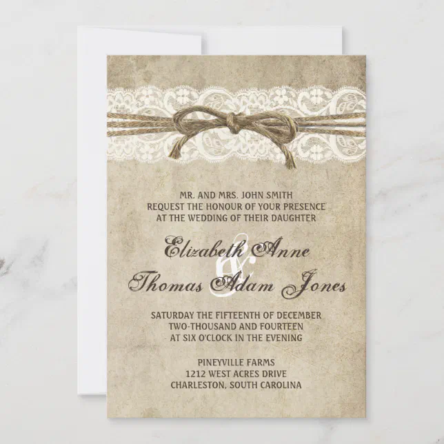 Vintage Elegance Twine on Lace Wedding Invitation | Zazzle