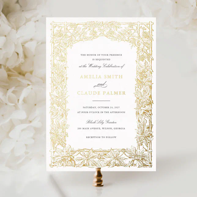 Vintage Elegant Leafy Vine Frame Gold Foil Wedding Foil Invitation | Zazzle
